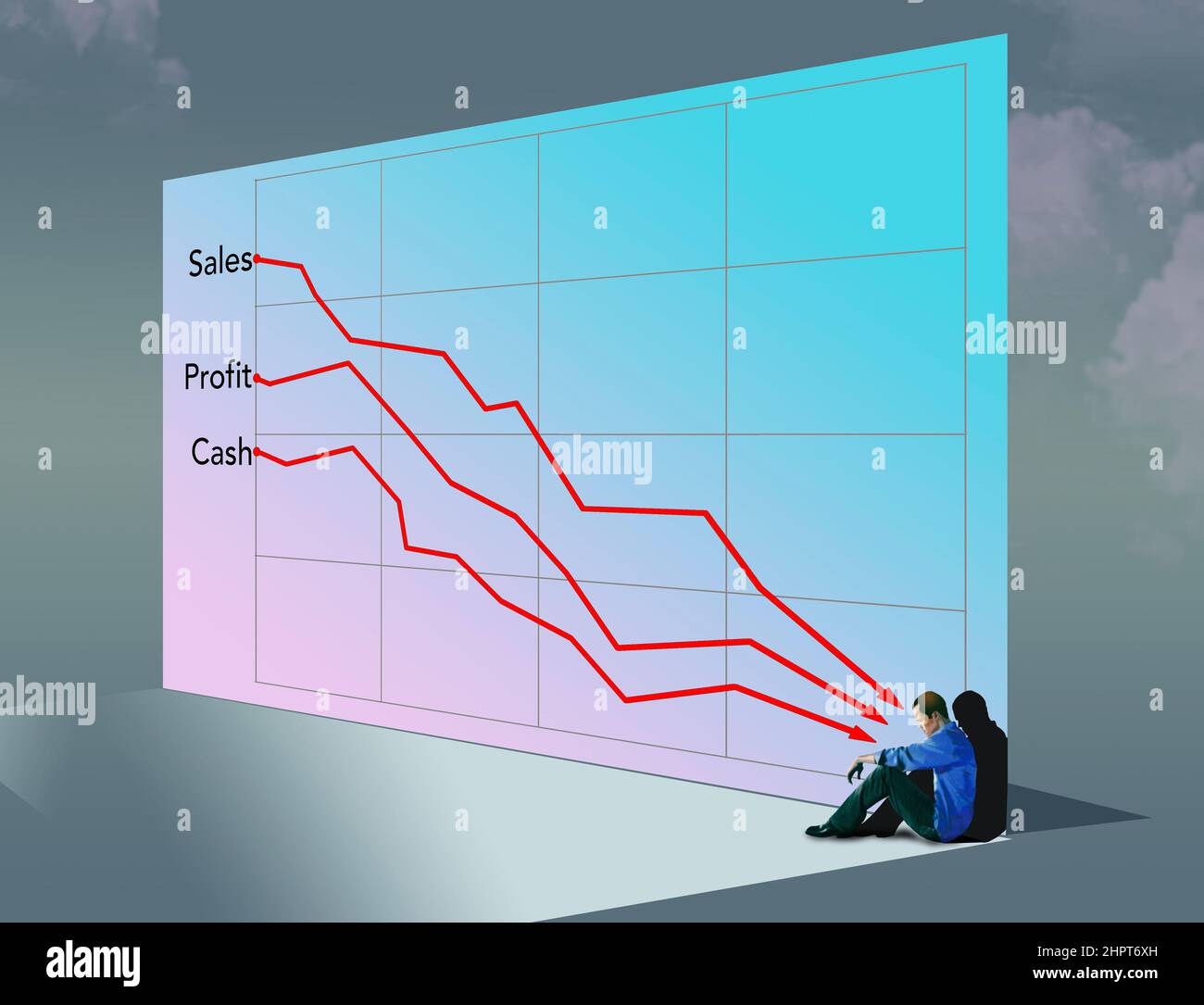 A businessman is looking depressed as he sits by a big screen where ...