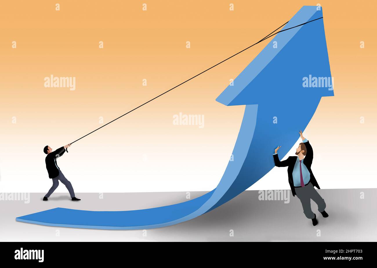Businessmen work together to get an upward trend with an arrow pointing ...