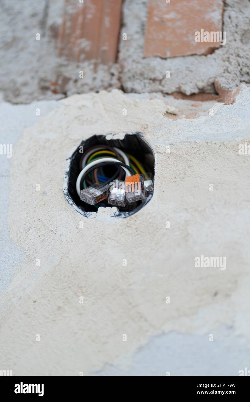 various electrical installations on building site in a loft in a ...
