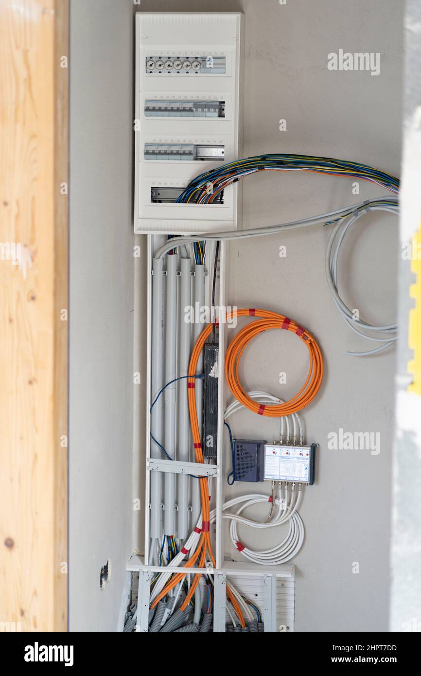 various electrical installations on building site in a loft in a ...