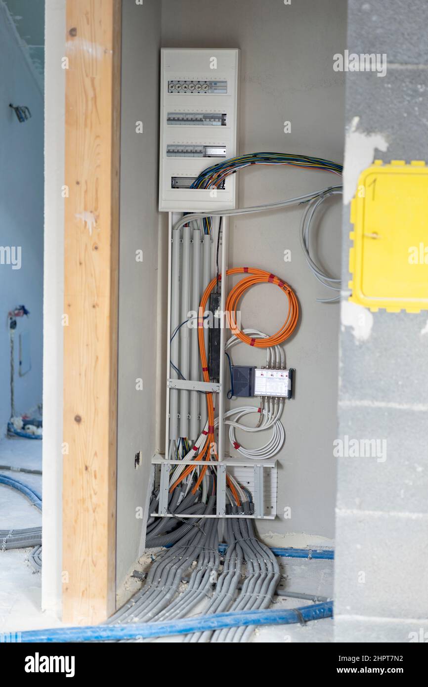 various electrical installations on building site in a loft in a ...