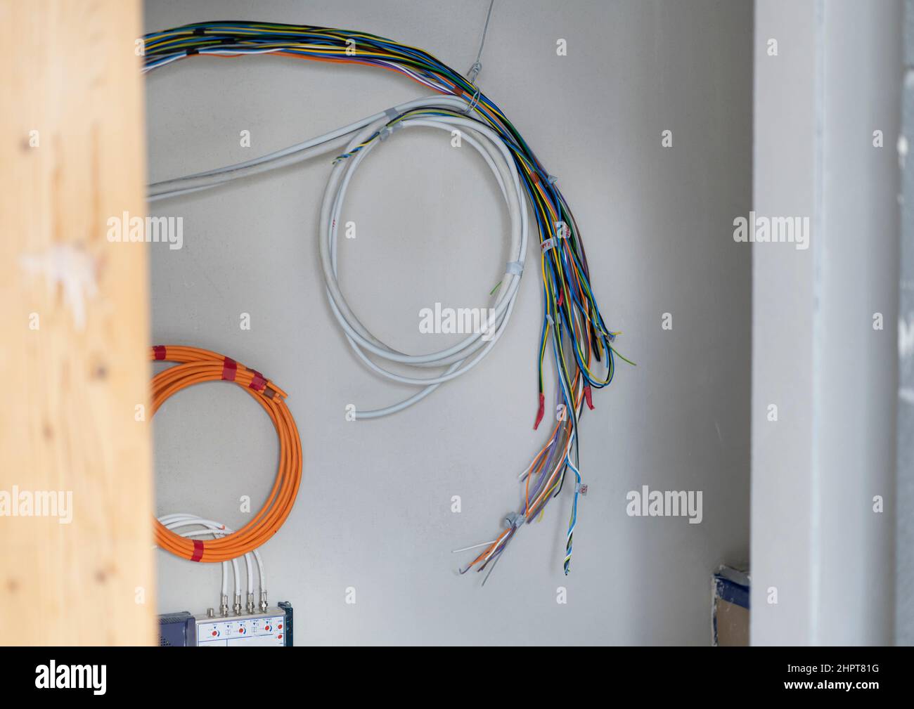 various electrical installations on building site in a loft in a ...