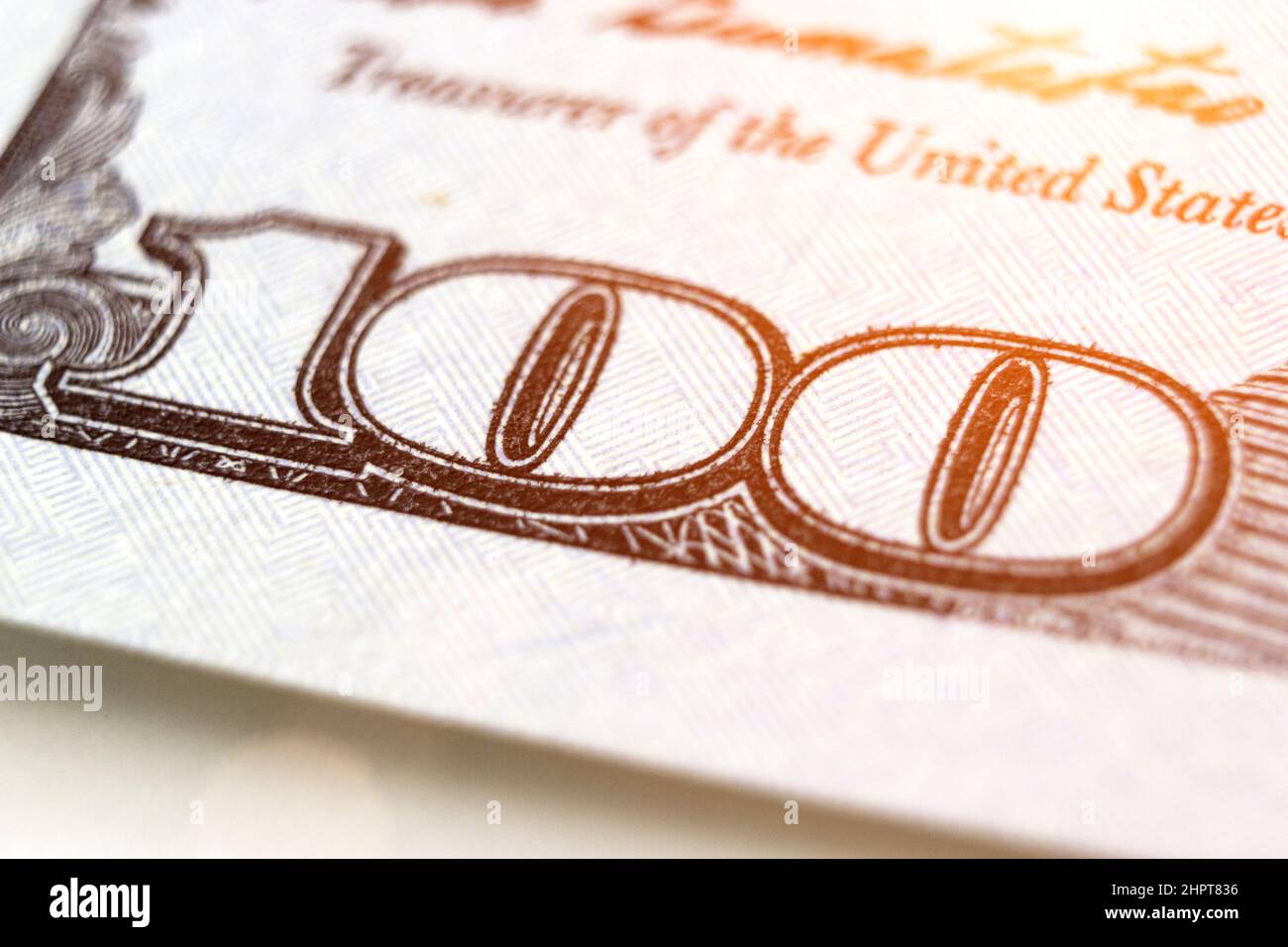Close up perspective view of hundred-dollar bill. Dolar USA close up ...
