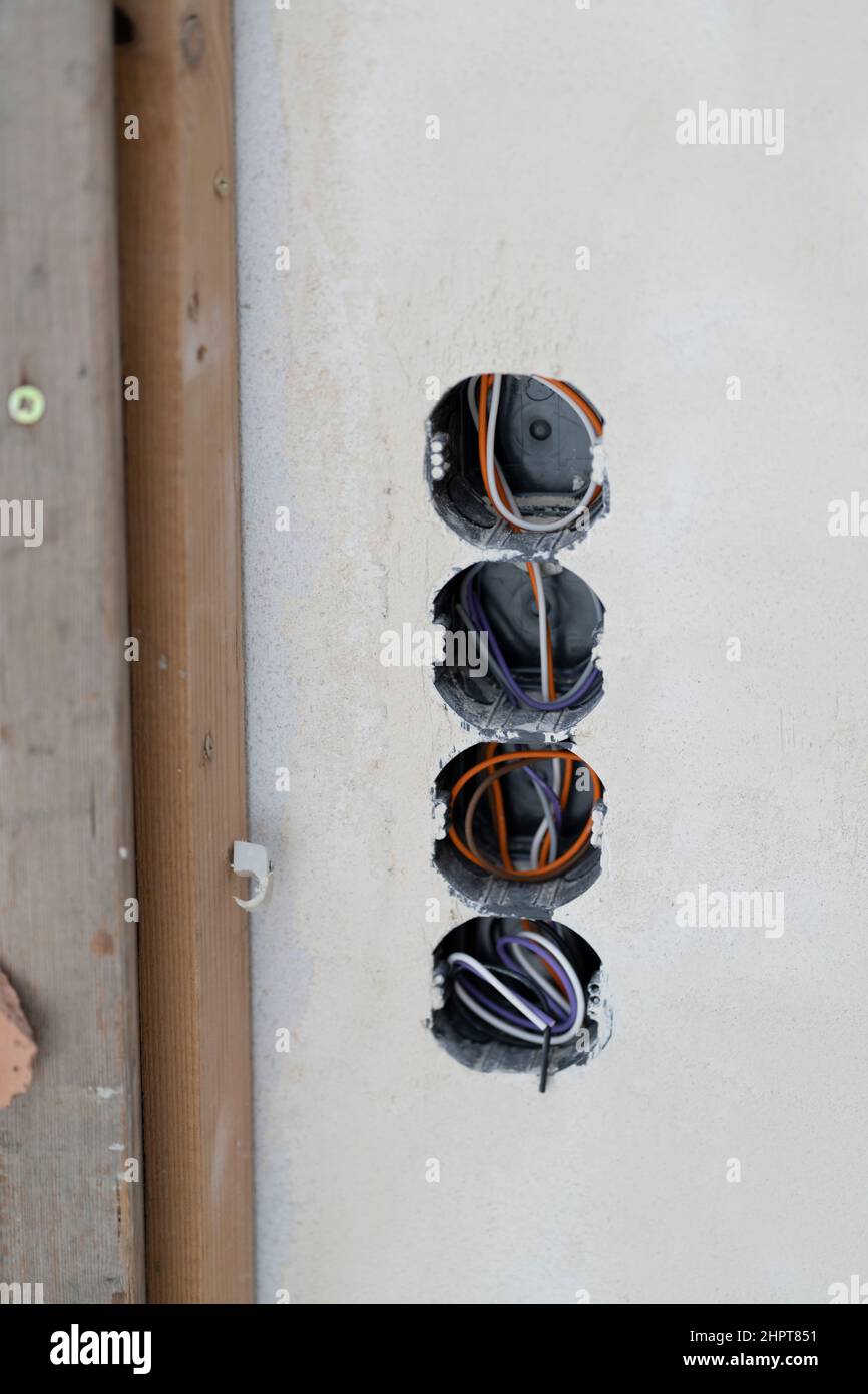 various electrical installations on building site in a loft in a ...