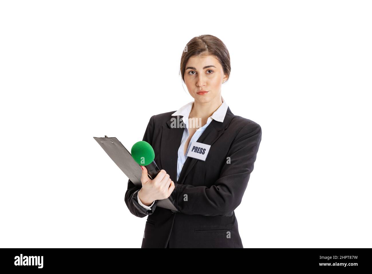 Young beautiful girl, female journalist holding reporter microphone ...