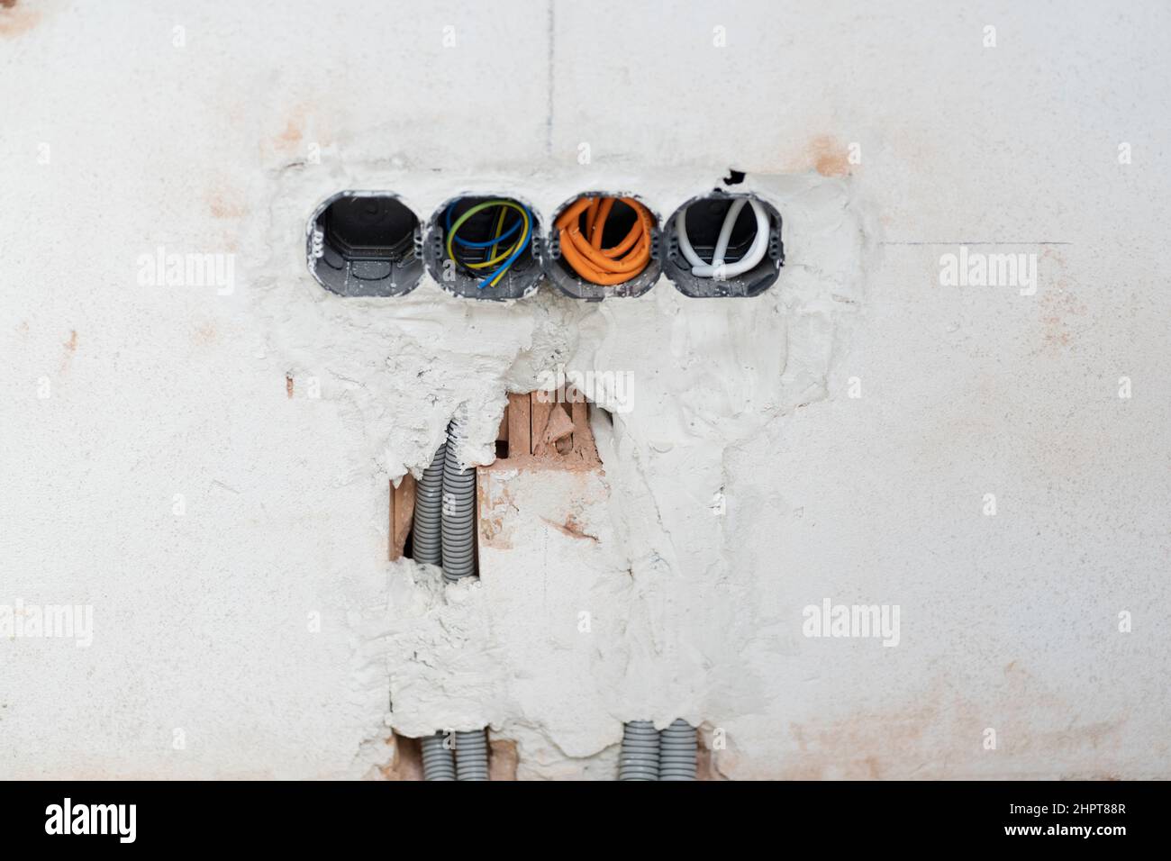 various electrical installations on building site in a loft in a ...