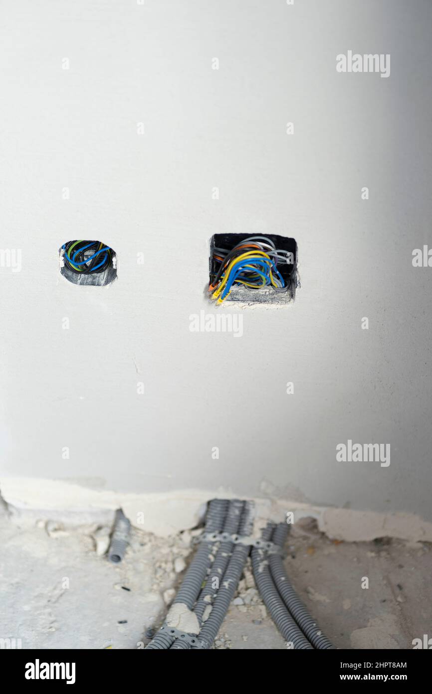 various electrical installations on building site in a loft in a ...