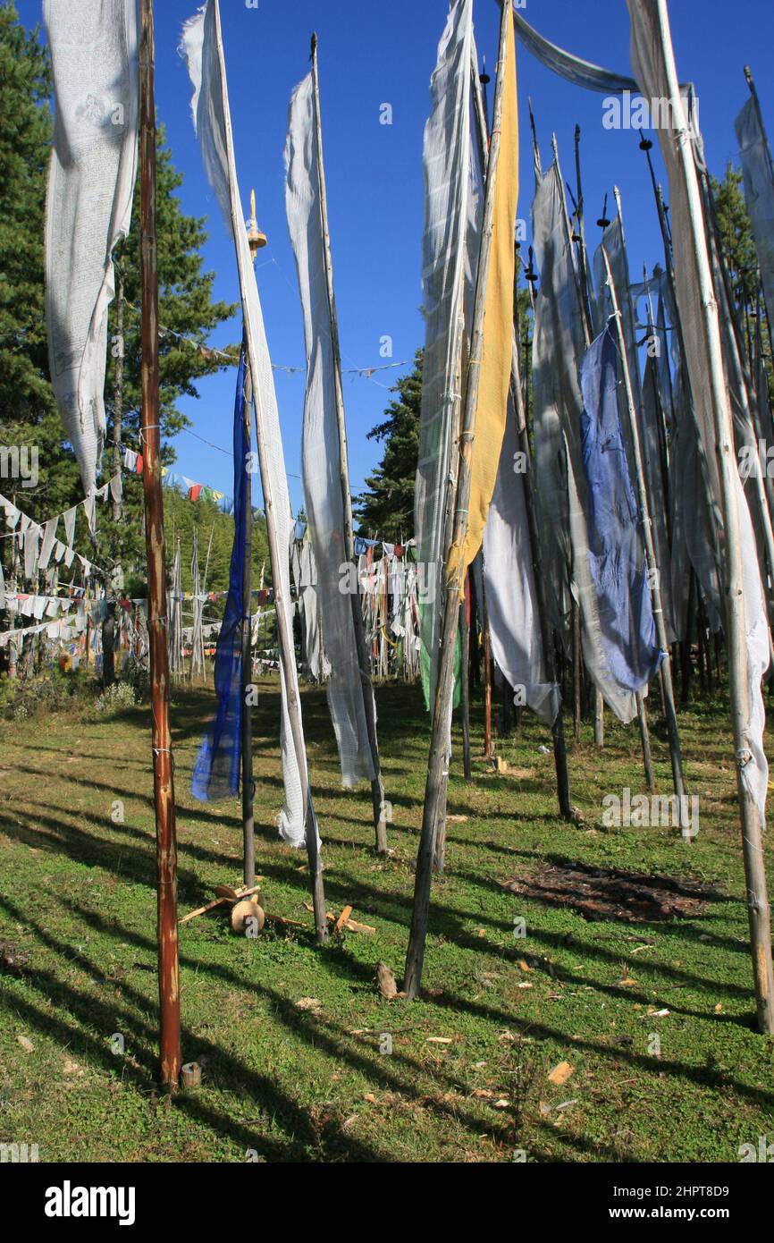buddhist banners and prayer flags in bhutan Stock Photo - Alamy