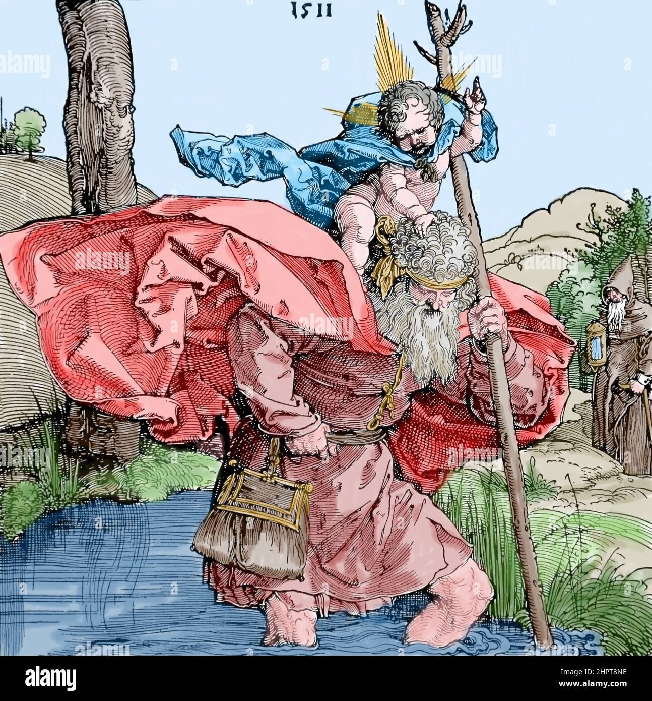 Saint Christopher carrying the Christ Child. Engraver by Albert Durer ...