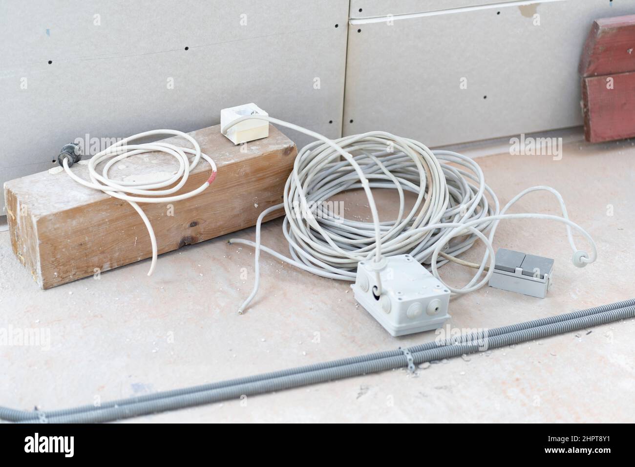 various electrical installations on building site in a loft in a ...