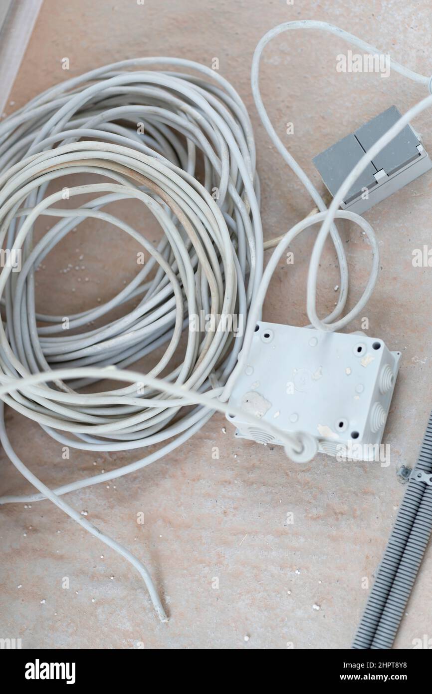 various electrical installations on building site in a loft in a ...