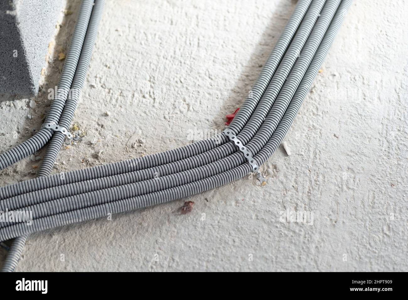 various electrical installations on building site in a loft in a ...