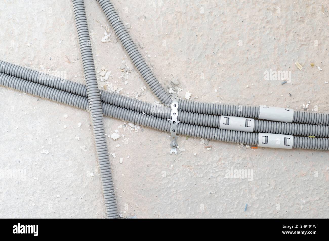 various electrical installations on building site in a loft in a ...