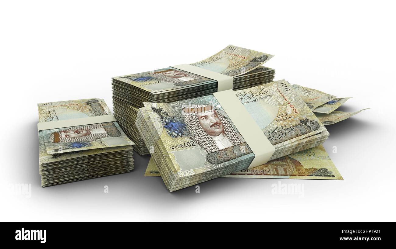 3D Stack Of Bahrain Dinar Notes Isolated On White Background Stock