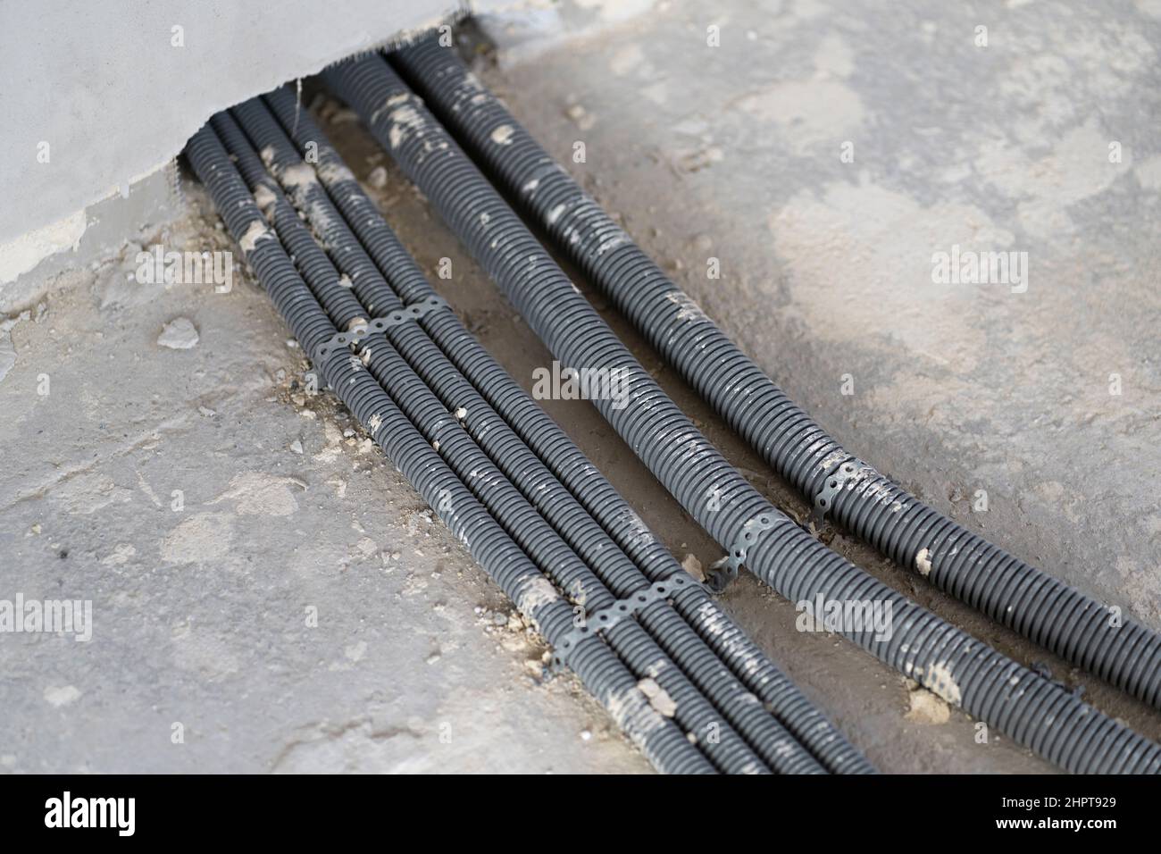various electrical installations on building site in a loft in a ...