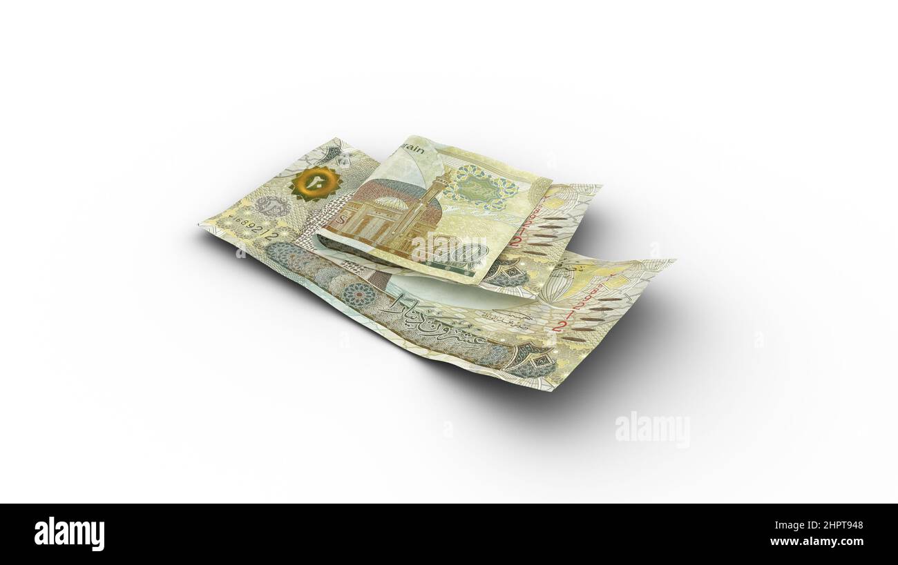 3D rendering of Double 20 Bahrain dinar notes with shadows on white ...