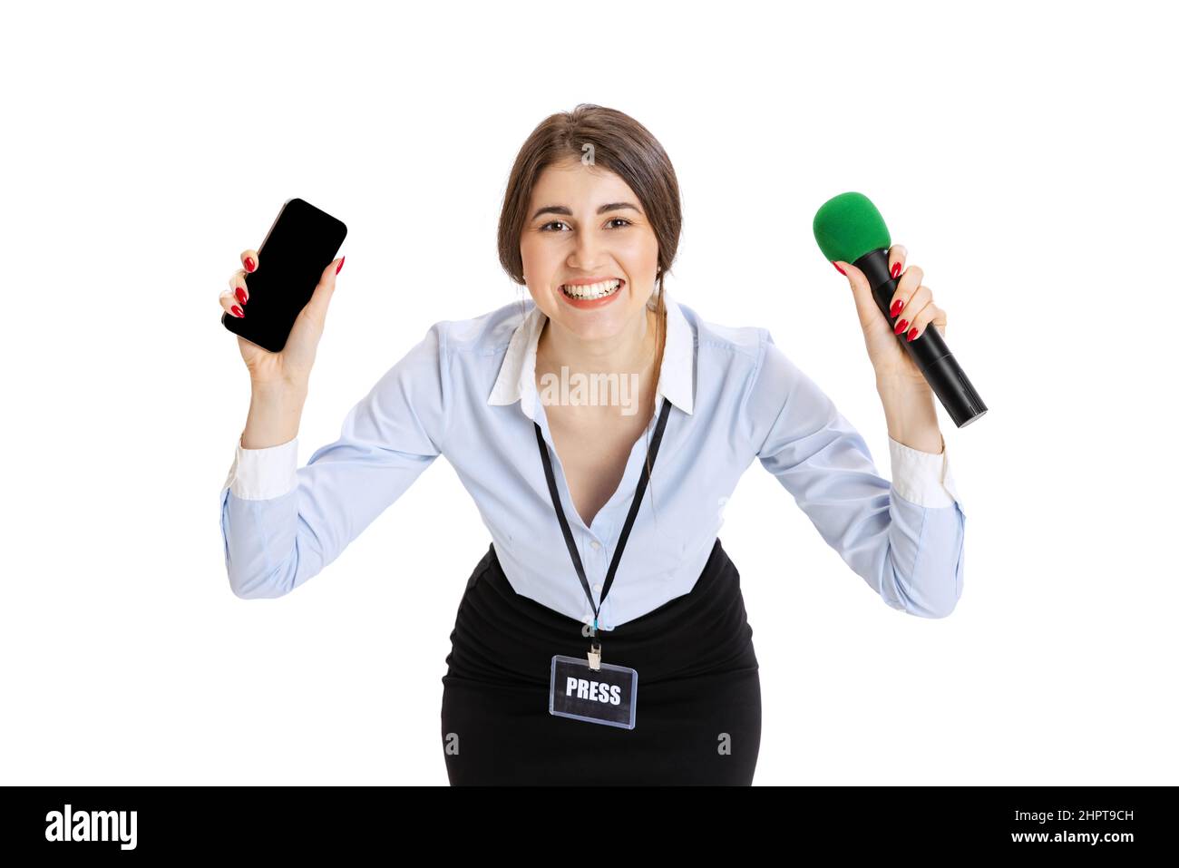 Happy young girl, female journalist holding reporter microphone ...