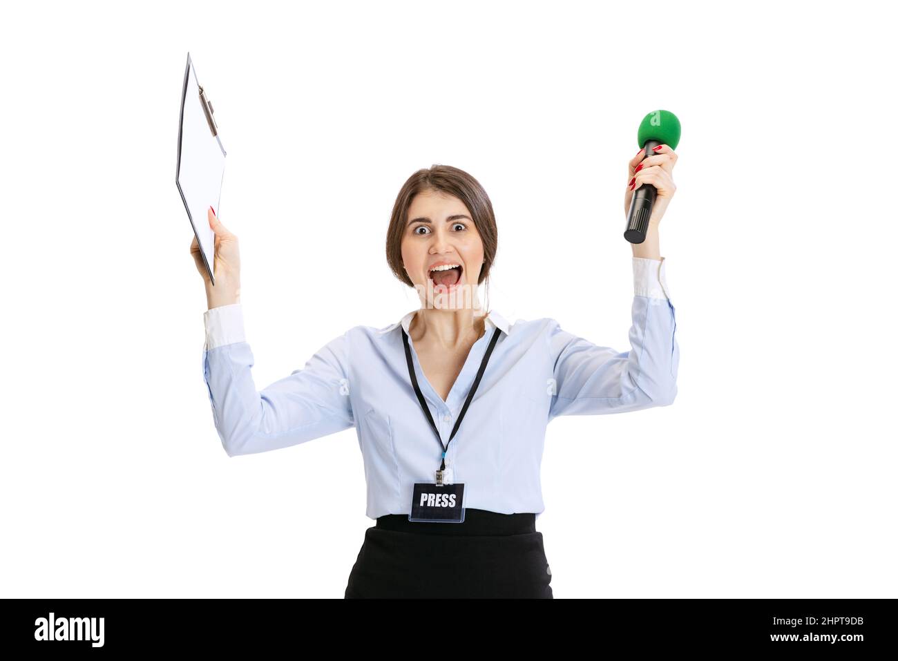 Happy young girl, female journalist holding reporter microphone ...