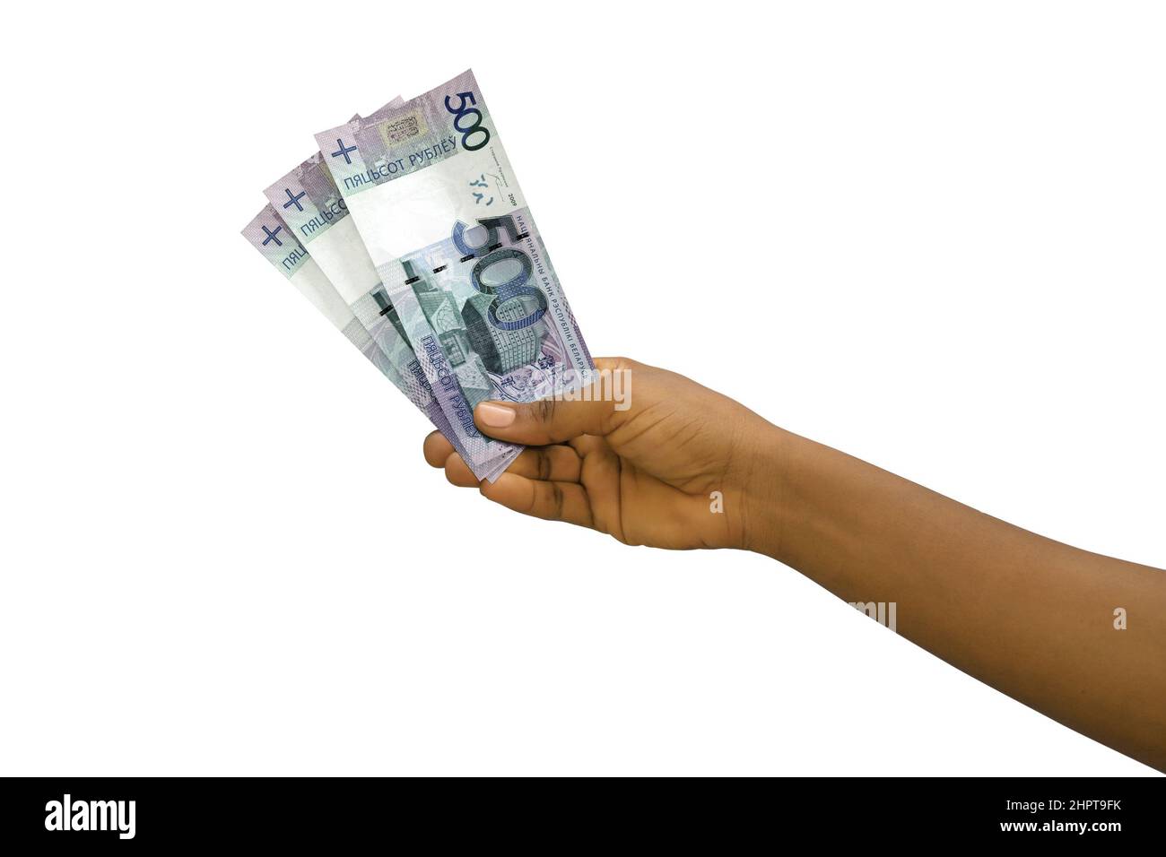 Fair hand holding 3D rendered Belarusian ruble notes isolated on white ...