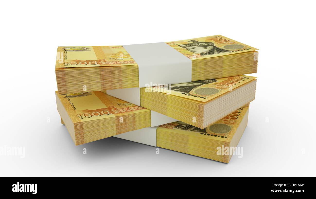 3d rendering of Stack of Bhutanese ngultrum notes. Few bundles of ...