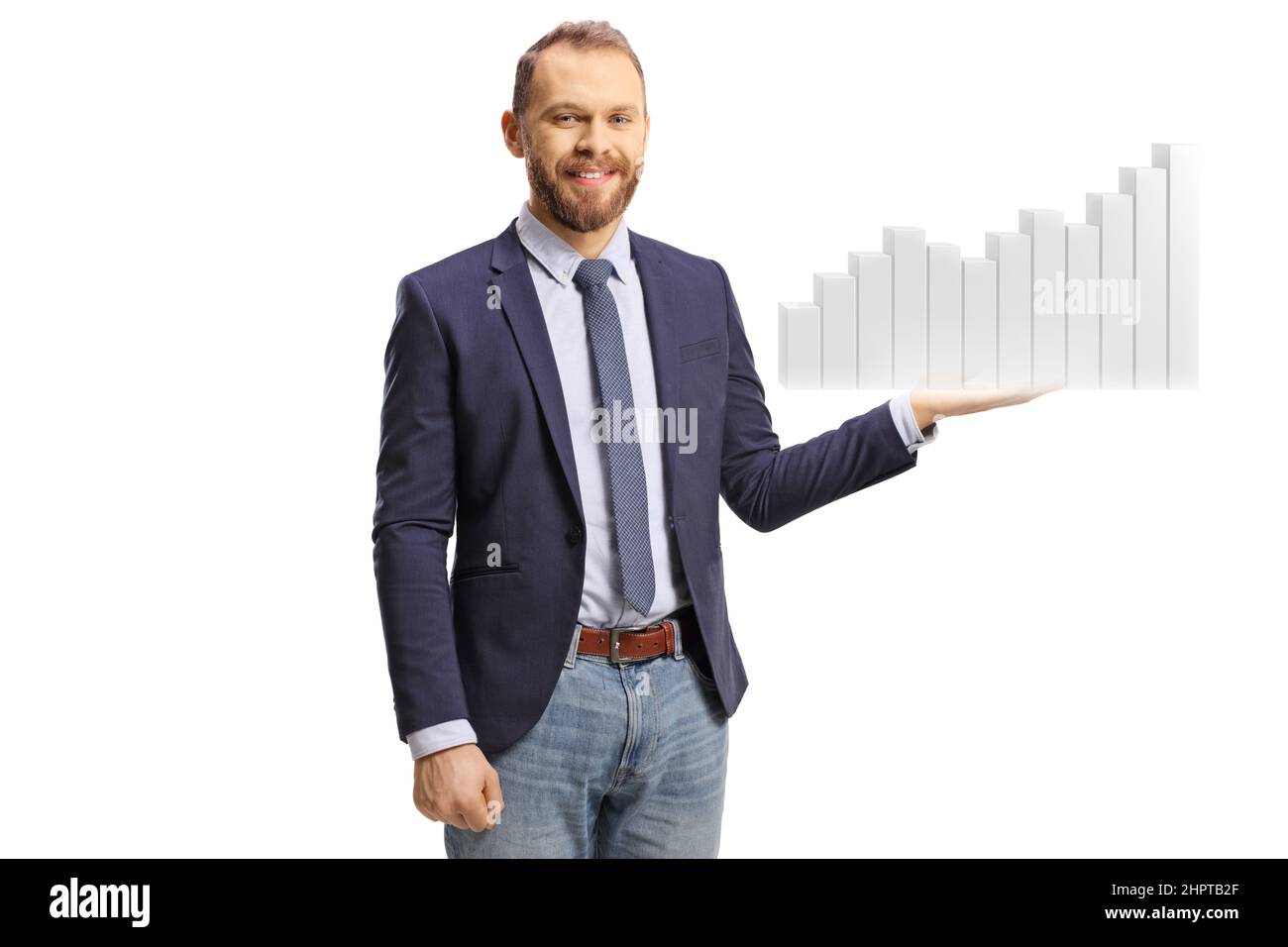Smiling professional man holding a bar chart on his hand isolated on ...