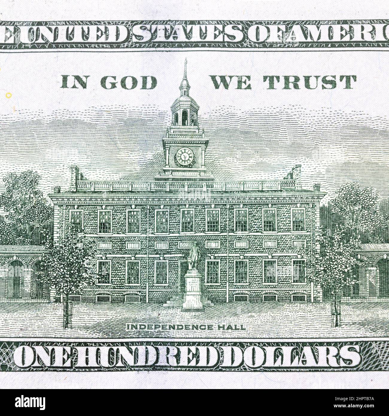 US dollar Independence Hall background. Hundred dollar bill close-up ...