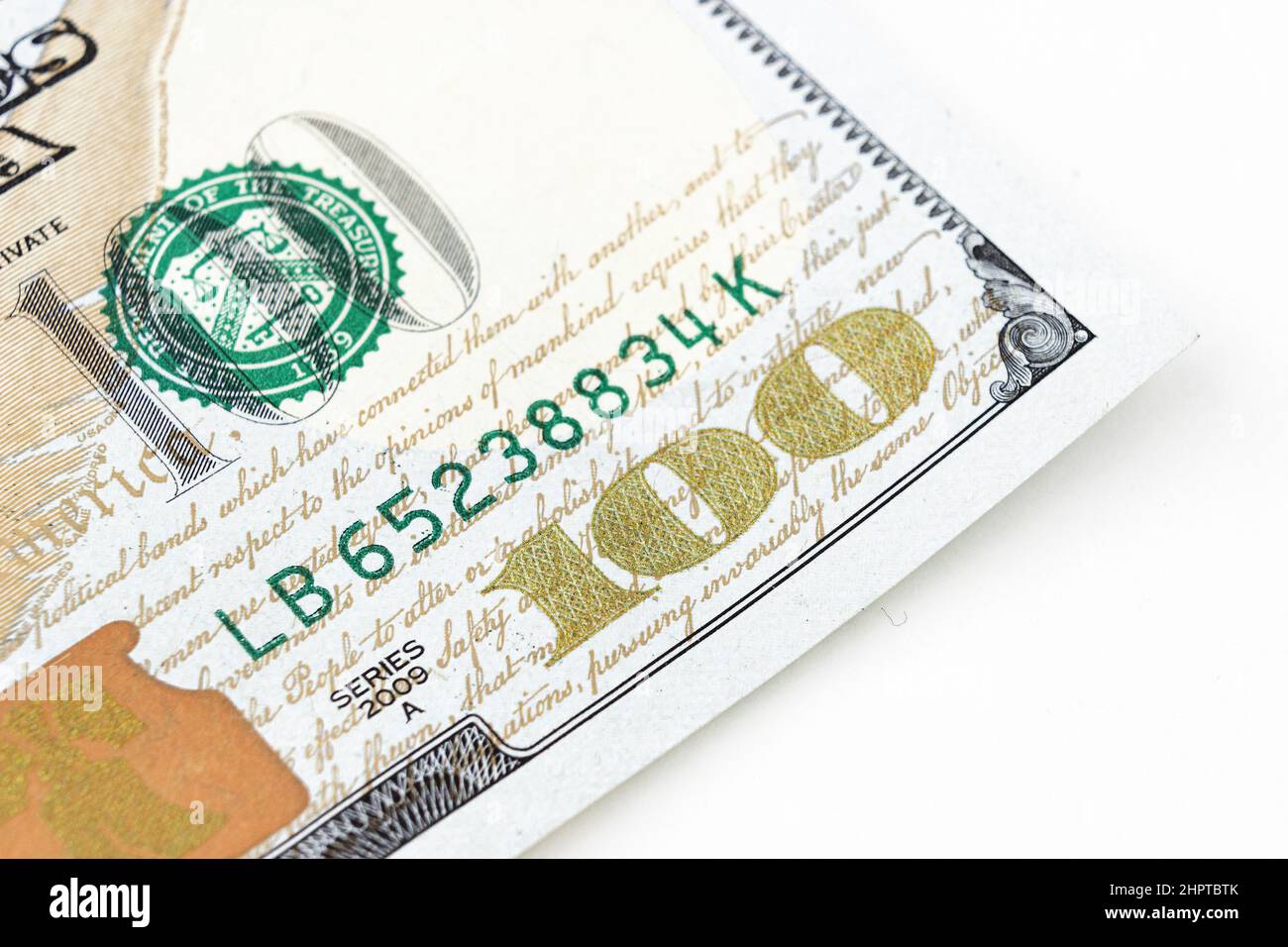 Number 100 on 100 dollar bill, fragment of new 100 dollar. Economy ...