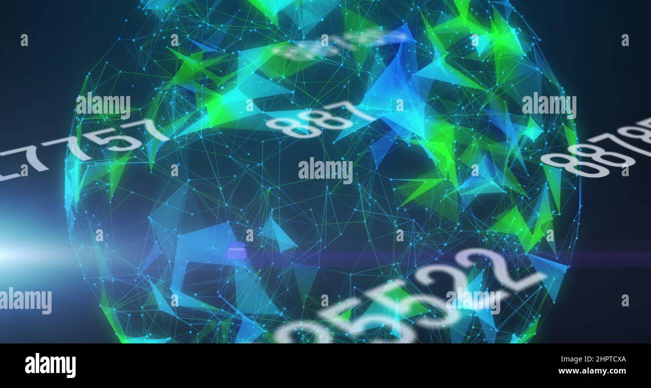 Multiple changing numbers over plexus networks spinning against blue background Stock Photo - Alamy