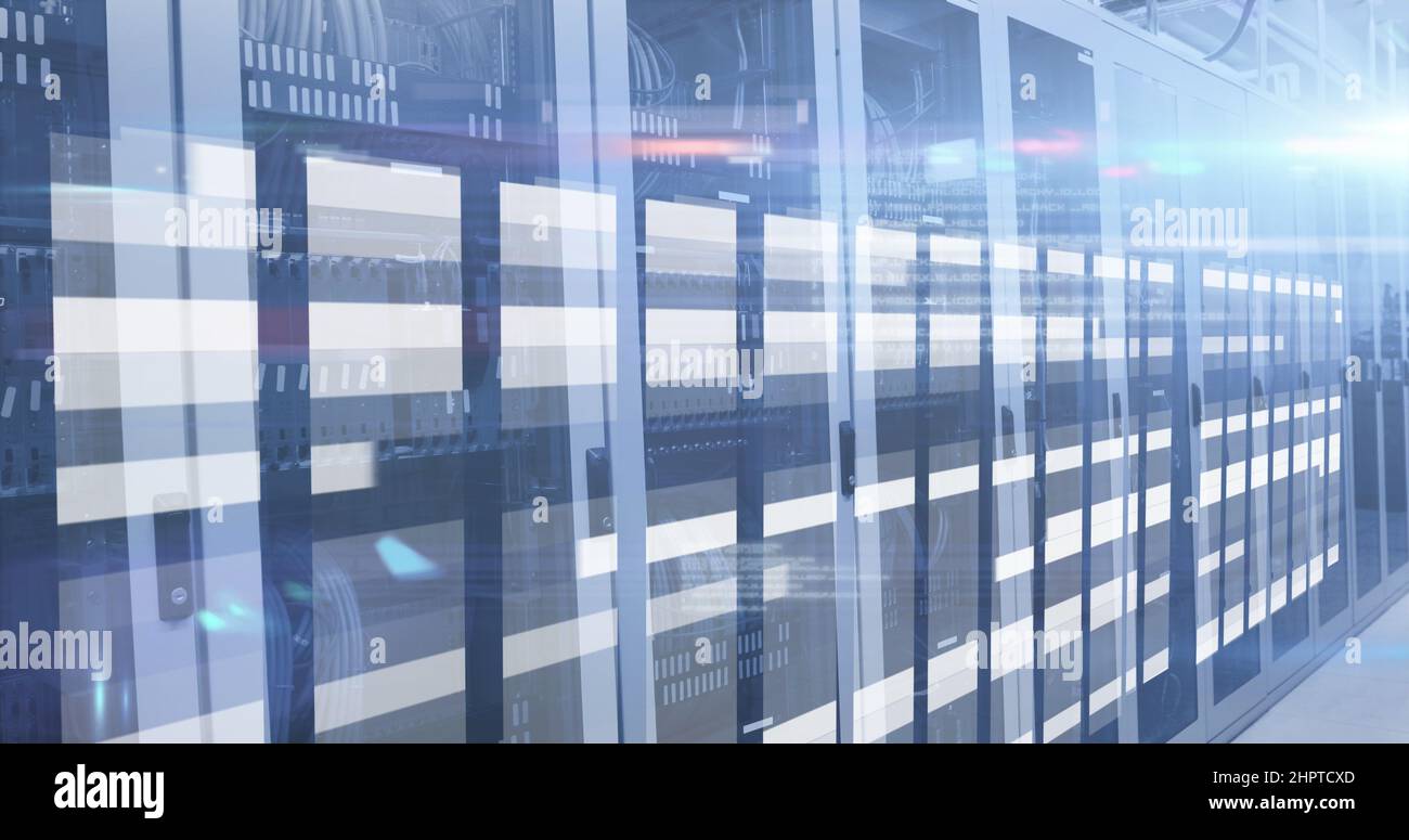 Image of data processing and white lines over server room Stock Photo ...