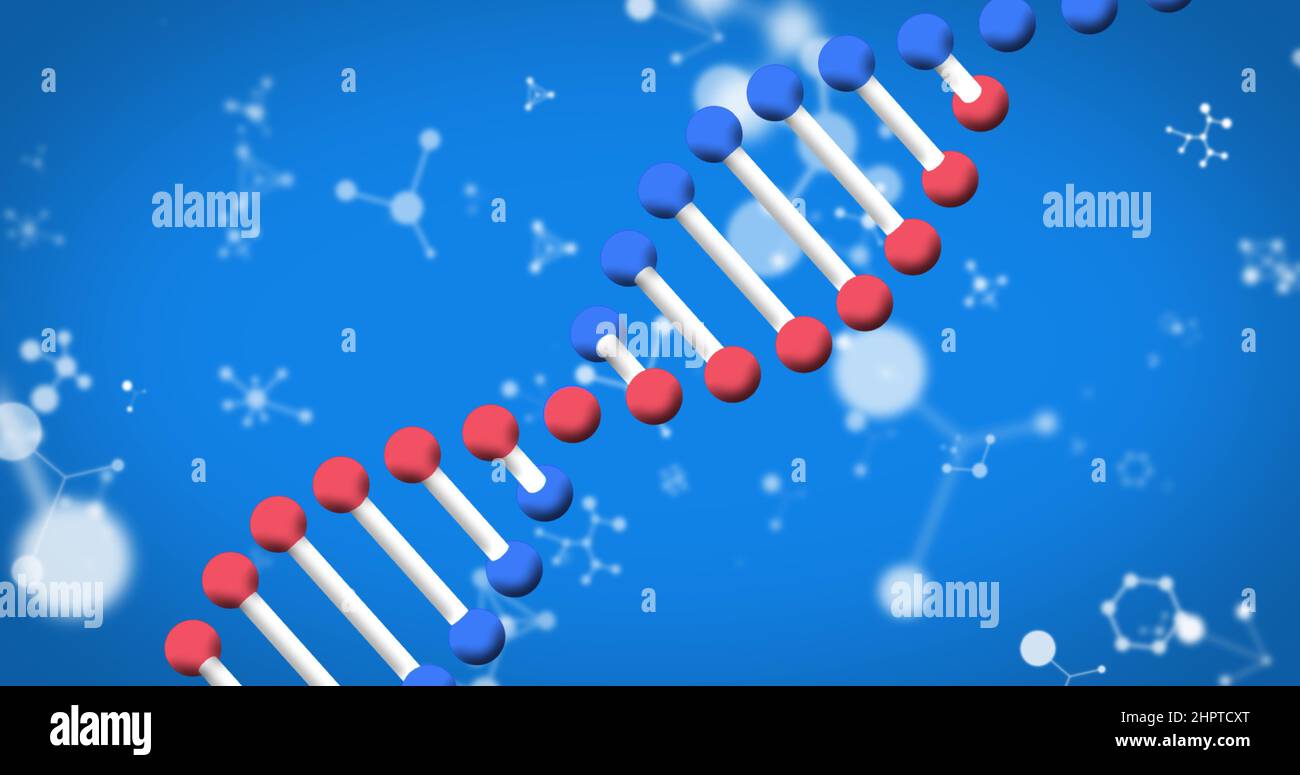 Image of dna strand spinning and molecules on blue background Stock ...