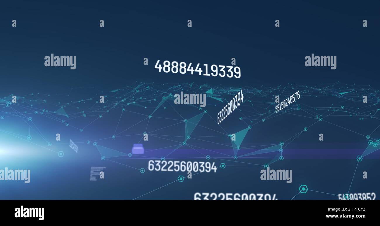 Multiple changing numbers and data processing over plexus networks against blue background Stock ...