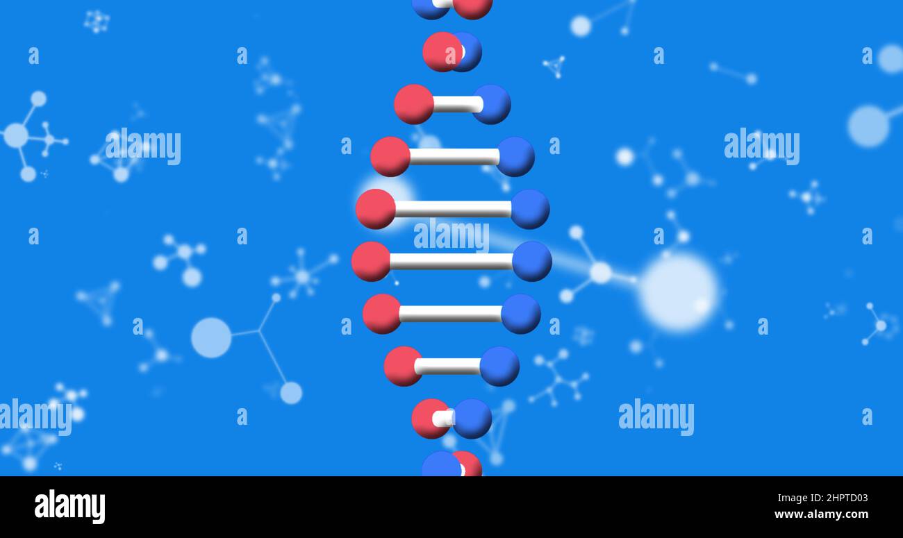 Image of dna strand spinning and molecules on blue background Stock ...