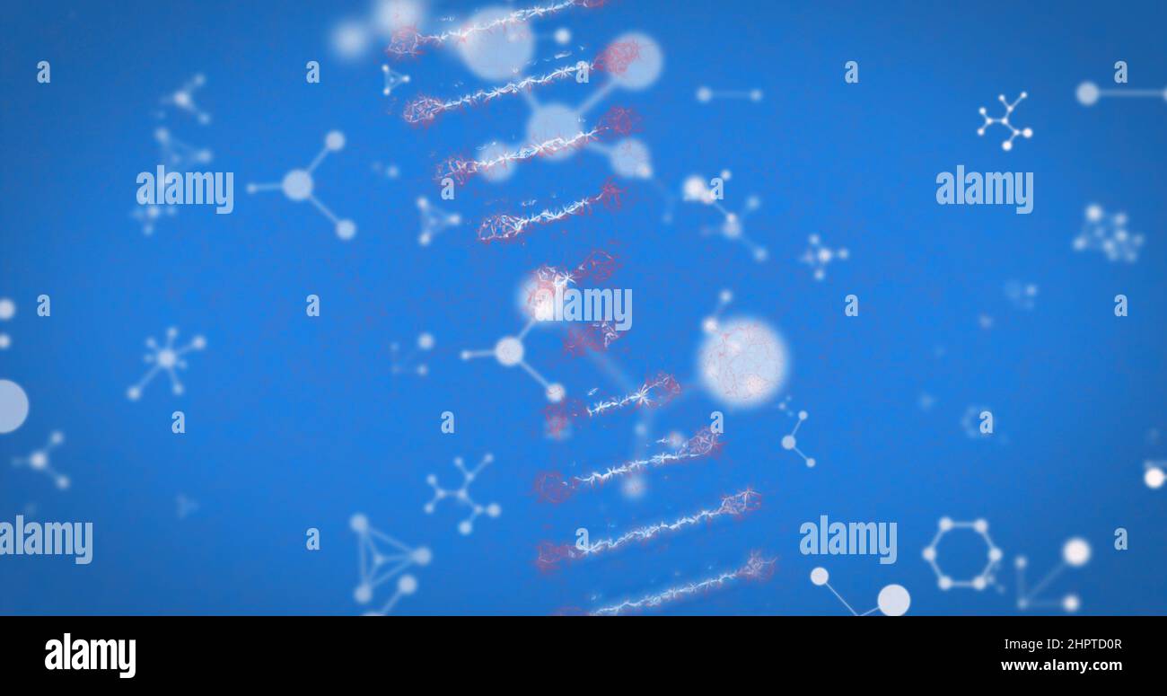 Image of dna strand spinning and molecules on blue background Stock ...