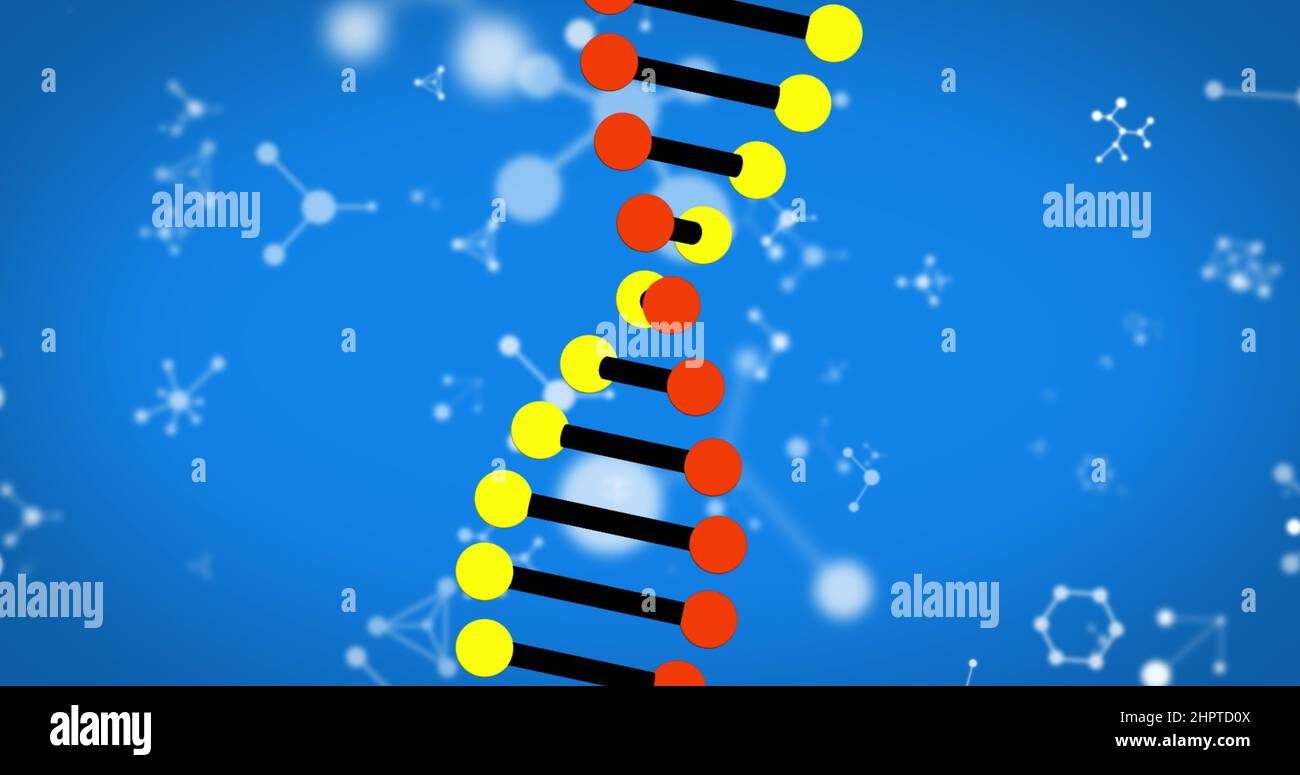 Image of dna strand spinning and molecules on blue background Stock ...