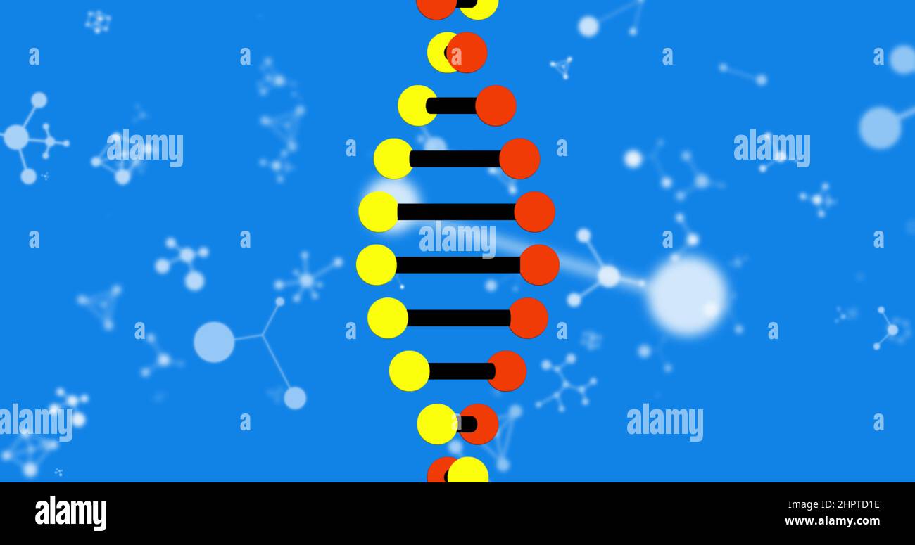 Image of dna strand spinning and molecules on blue background Stock ...