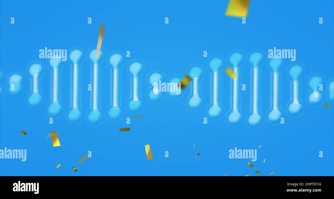 Image of dna strand spinning and confetti on blue background Stock ...