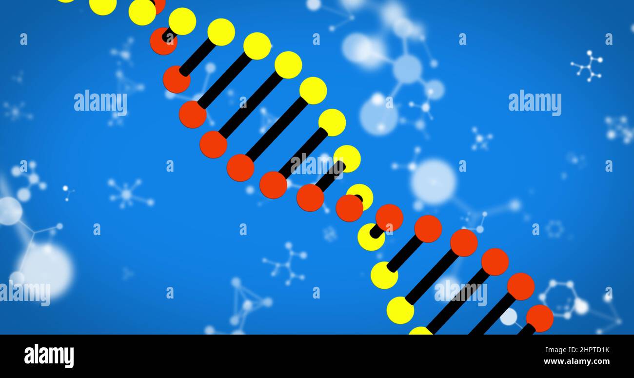 Image of dna strand spinning and molecules on blue background Stock ...