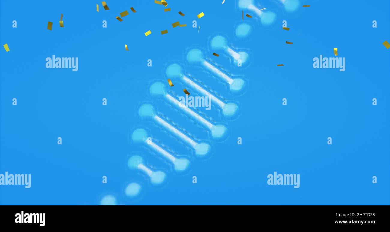 Image of dna strand spinning and confetti on blue background Stock ...