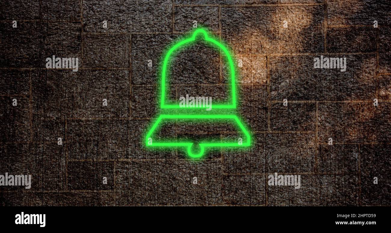 Image of glowing neon bell icon on brick wall Stock Photo - Alamy