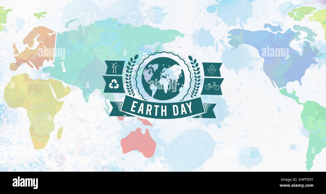 Image of earth day text over world map Stock Photo - Alamy
