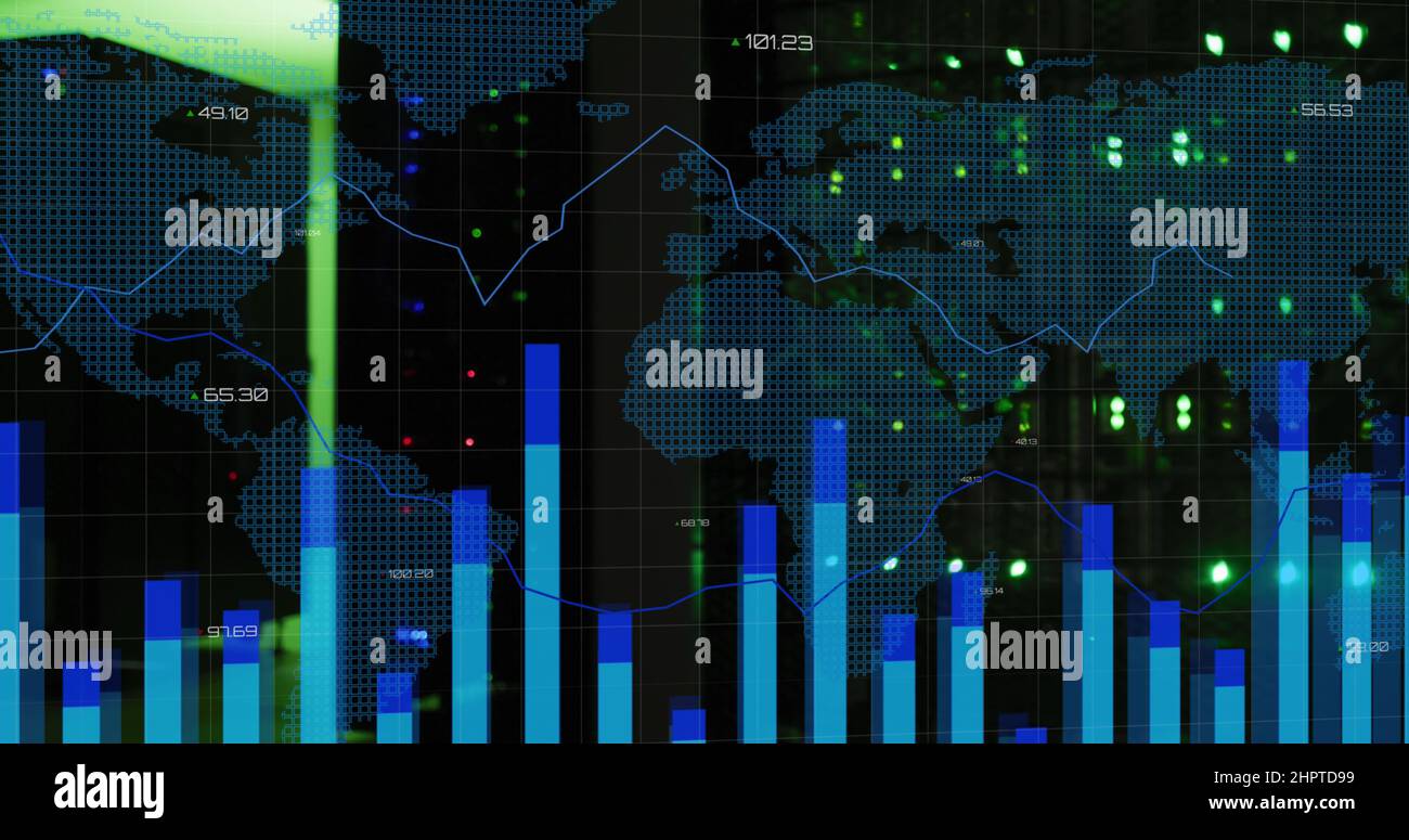 Image of world map and data processing over computer servers Stock ...