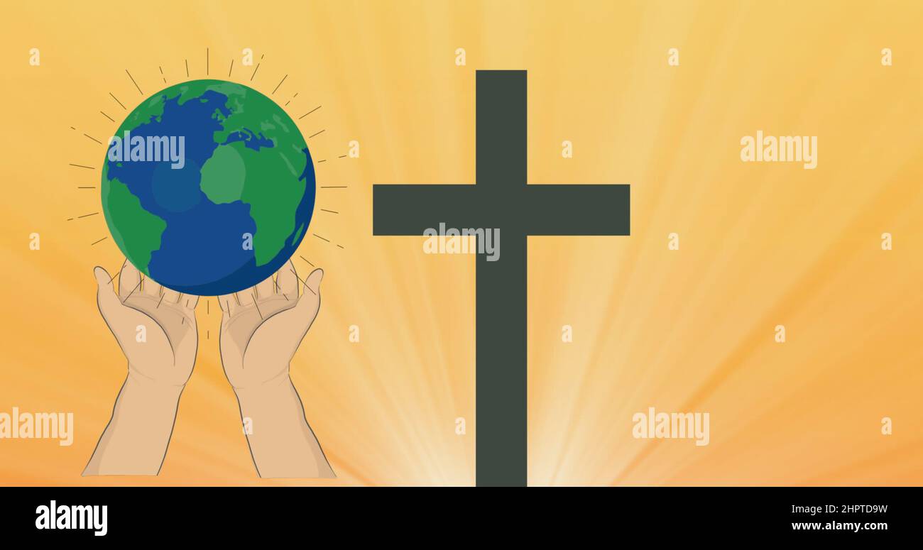 Image of globe with hands and cross on yellow background Stock Photo ...
