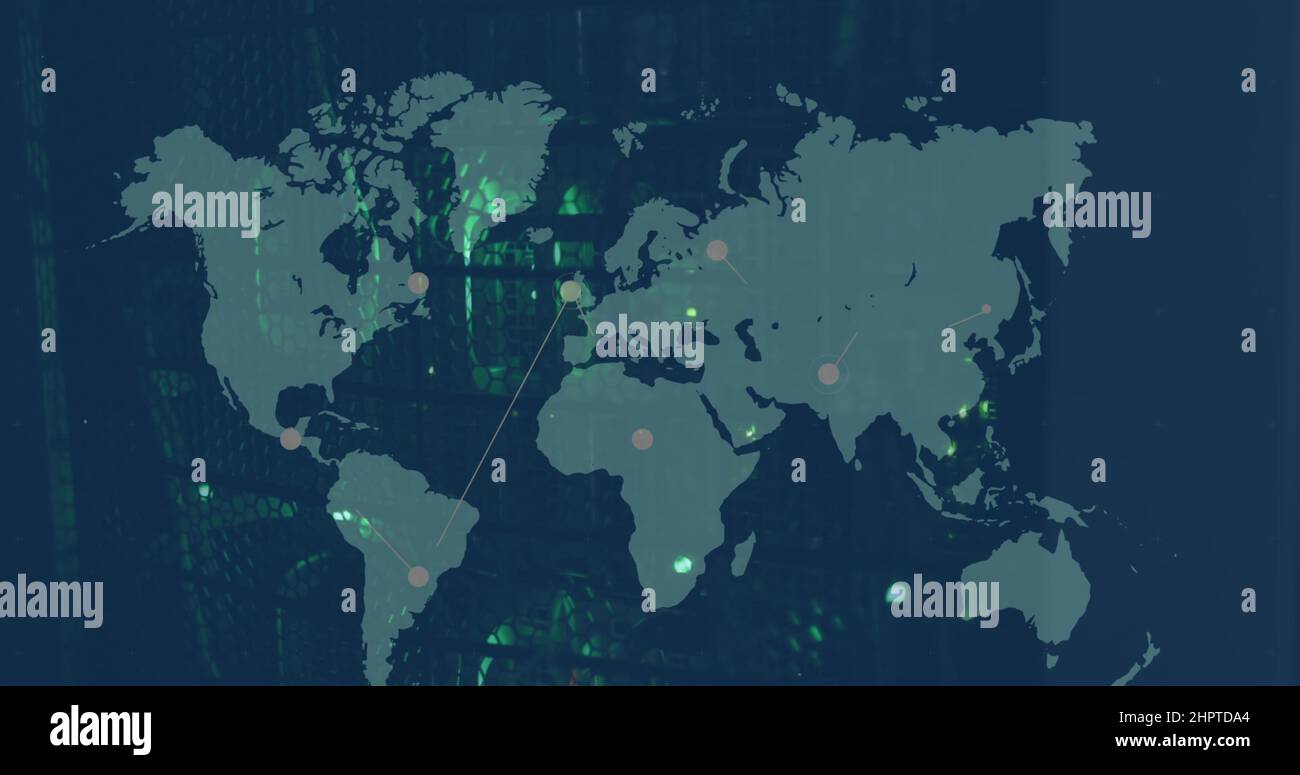 Image of world map and networks of connections over computer server ...