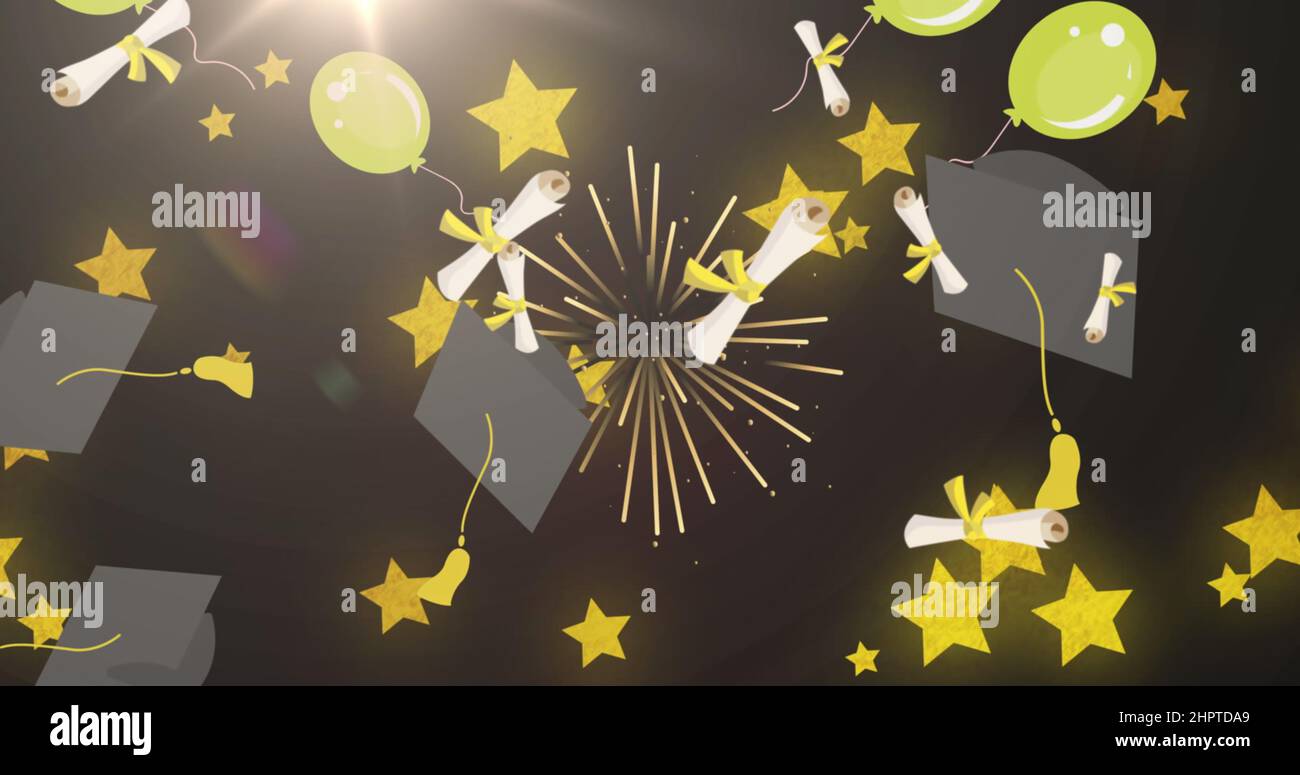 Image of graduation letter icons over stars and fireworks on black ...