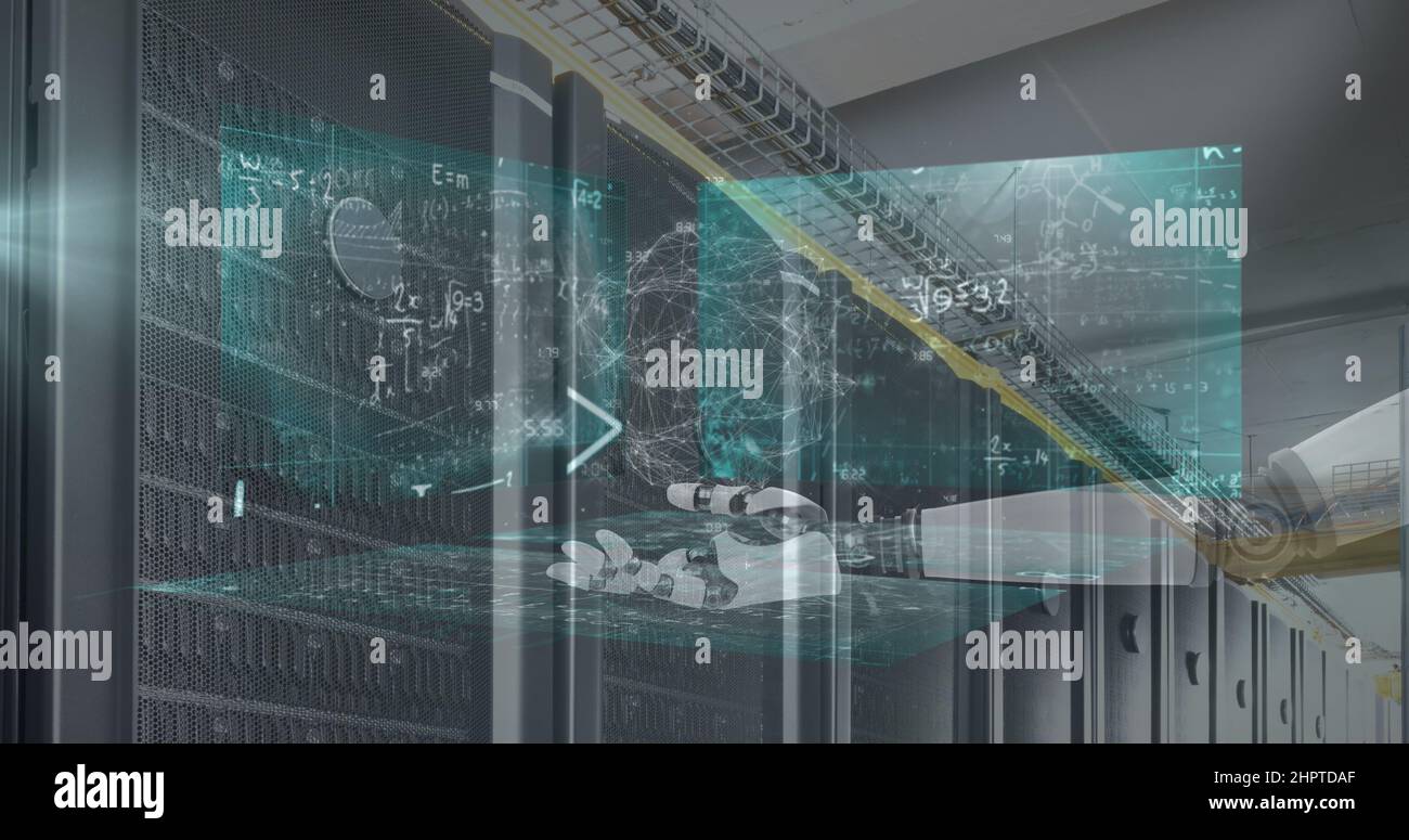 Image of data processing on screens and robot's arm over computer servers Stock Photo - Alamy