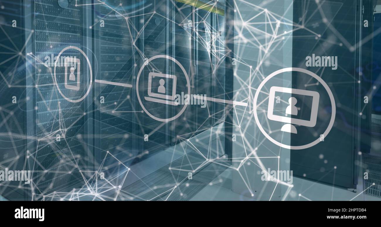 Image of digital icons and networks of connections over computer ...