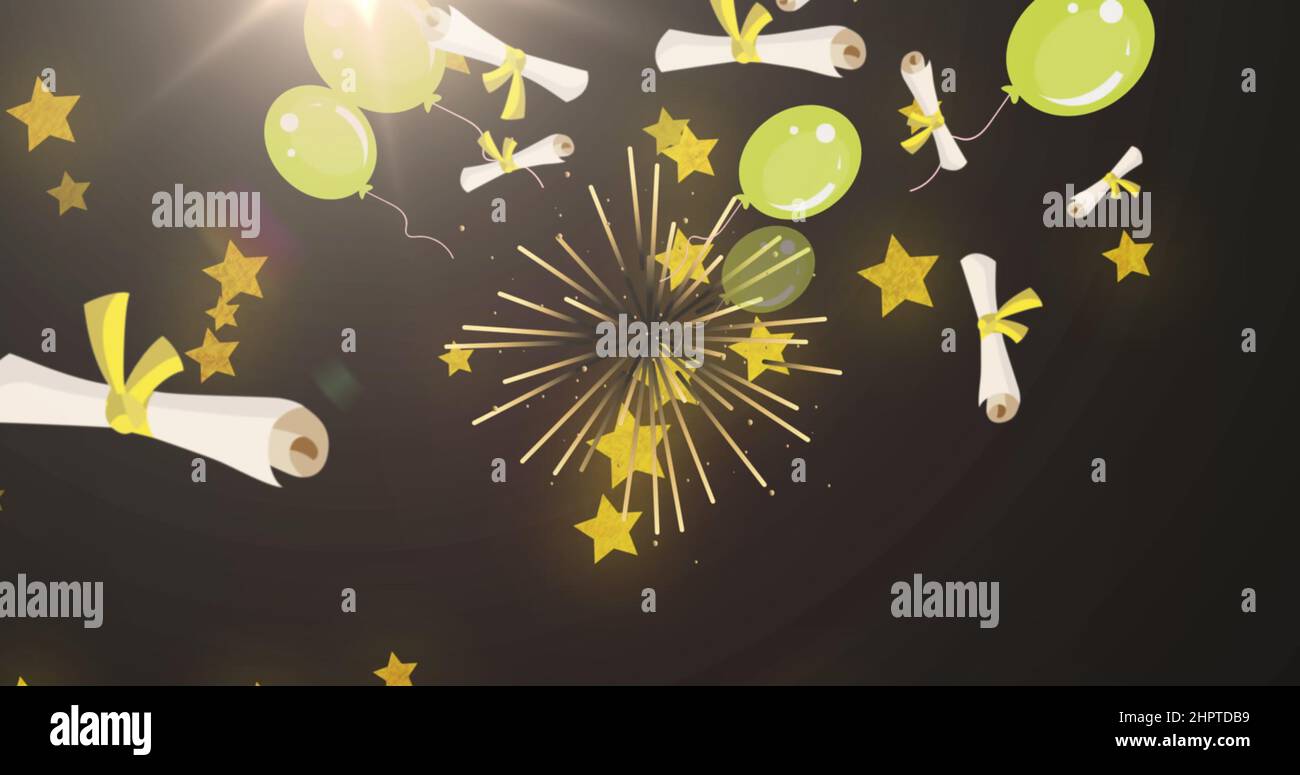 Image of graduation letter icons over stars and fireworks on black ...