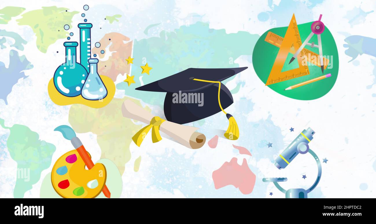 Image of school items icons over world map on white background Stock ...