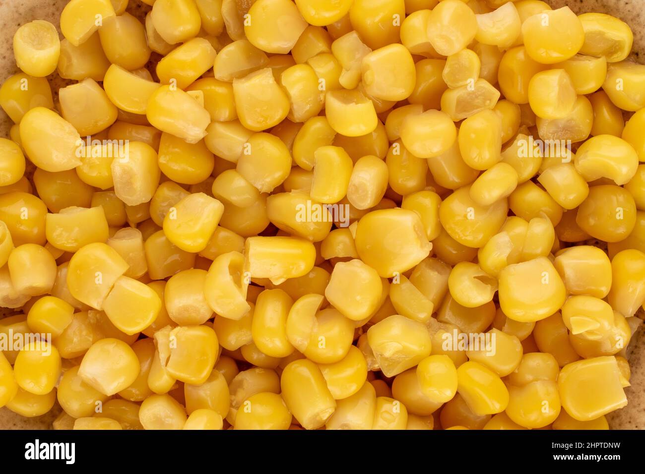 Bright yellow sweet kernels of canned corn, macro, top view Stock Photo ...