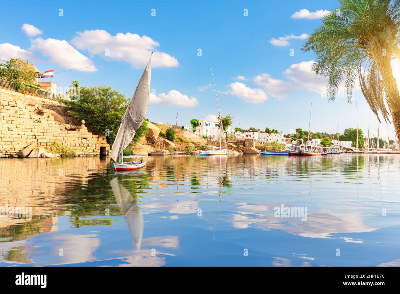 The Nile view, sailboat and banks of Aswan, Egypt Stock Photo - Alamy